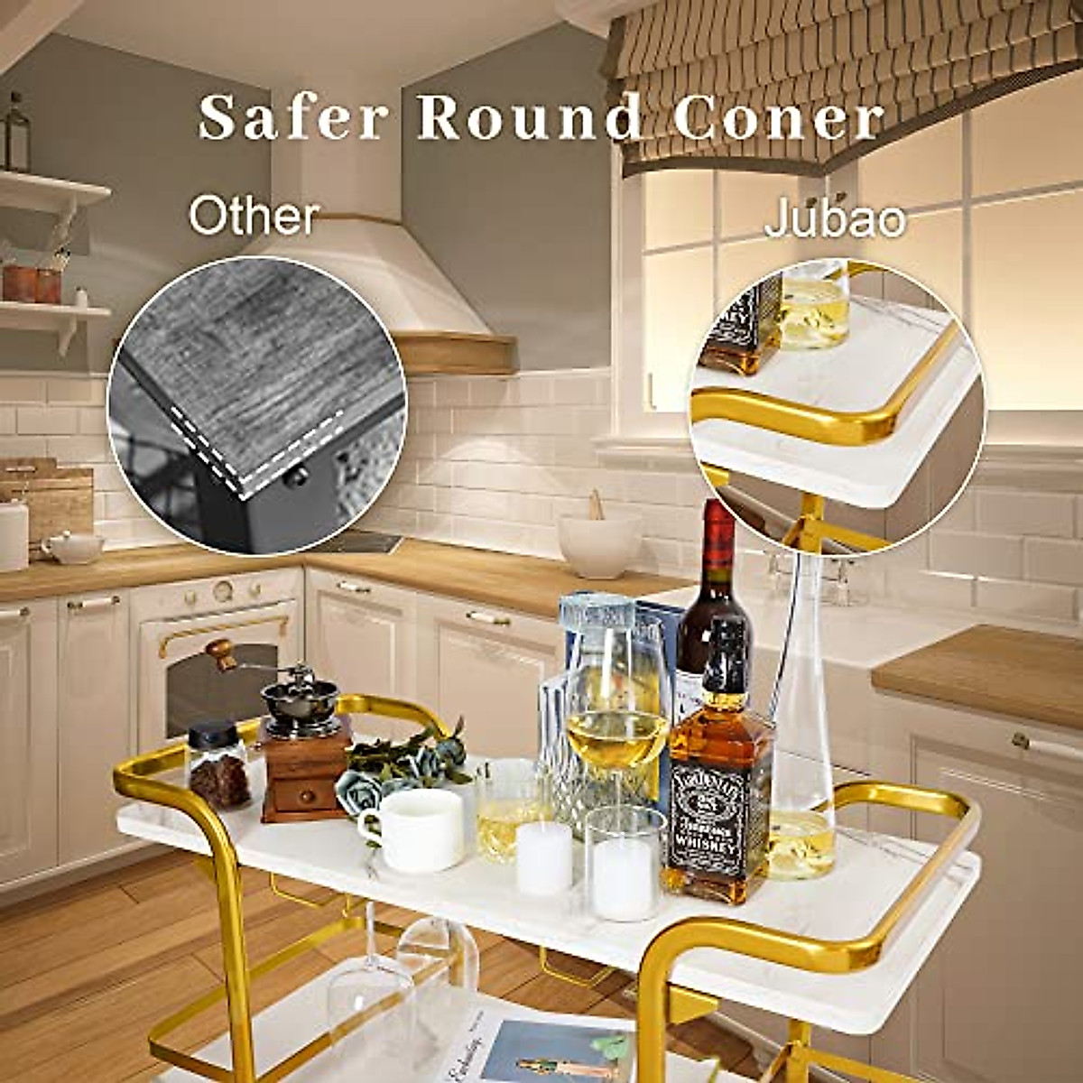 Jubao Gold Bar Cart with 3 Tiers for Stylish Storage, Home Bar Serving Cart with 4 Rows of Glass Holders & 8 Wine Racks, Modern Marbled Solid Wood Cart on Lockable Wheels, Coffee Bar Cart for Kitchen