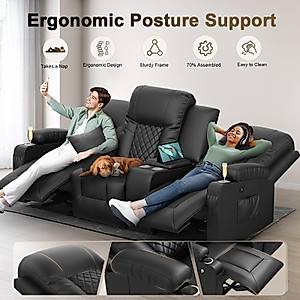 YONISEE 3 Seat Recliner Sofa, Large Reclining Sofa with Storage Console, Manual Reclining Chair with USB Ports, 2 Cell Phone Holder, 3 Seater Loveseat Recliner Couch for Living Room
