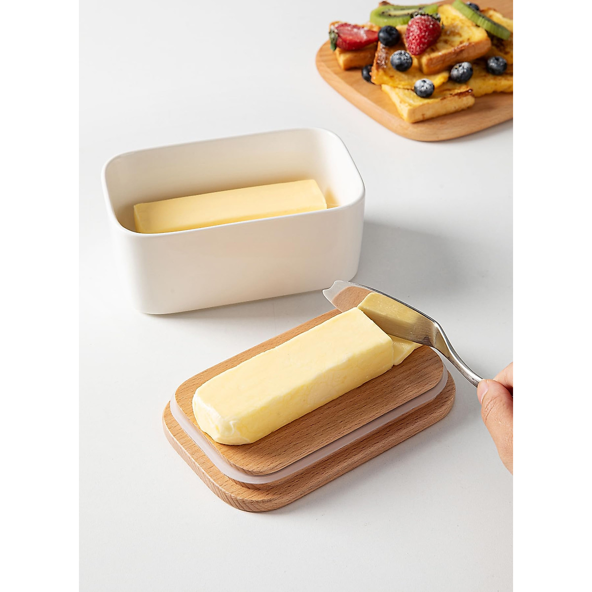 Sweese 303.101 Large Butter Dish - Airtight Butter Keeper Holds Up to 2 Sticks of Butter - Porcelain Container with Beech Wooden Lid, White