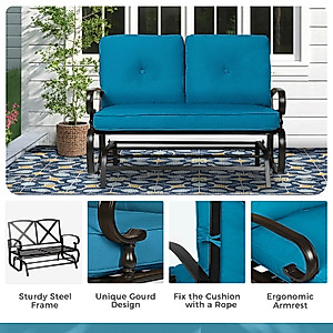 Patiomore Outdoor Bench Patio Swing Glider Loveseat 2 Seats Rocking Chair, Wrought Iron Chair Set with Blue Cushion