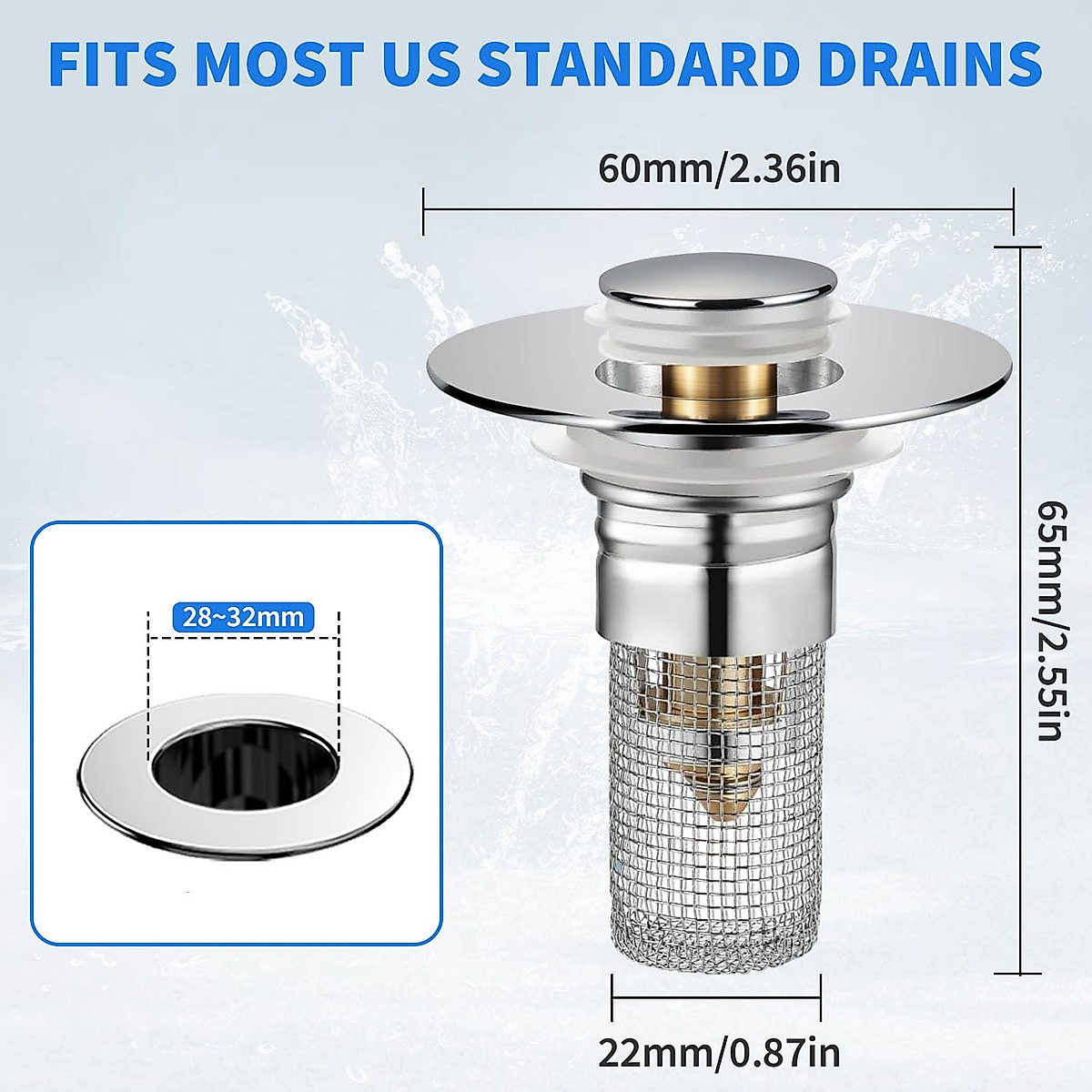 2Pcs Bathroom Sink Drain Strainer for 1.1-1.29 Inch, Pop Up Bathroom Sink Stopper Hair Catcher with Stainless Steel Filter Basket, for US Bathroom Sink Drain Stopper Basin Drain Filter Replacement