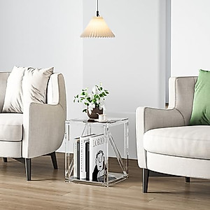 Acrylic Side Table, 16" W Square, 2-Tier Clear Nightstand/Bedside Table/End Table for Living Room, Bedroom, Small Coffee Table, 120 lb Loads, Modern, 21" H