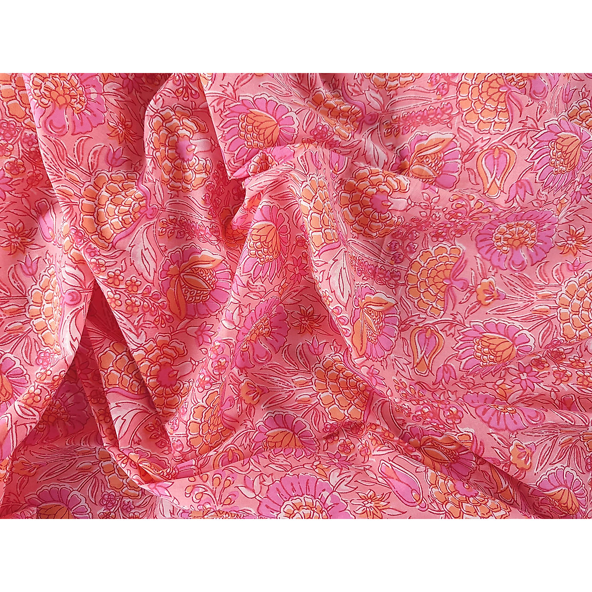 AVKA Studio Hand Block Print Fabric by The Yard - PRECUT 1 Yard 42 Inch Width - 100% Cotton Material - Pink Floral Pattern - Light Weight Indian Cloth for Making Summer Dress Tops Indian Fabric etc