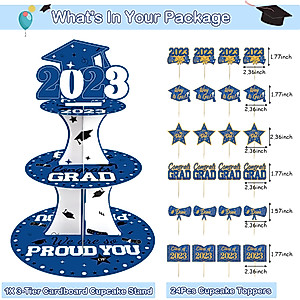 2023 Graduation Cupcake Stand Set - Blue 3-Tier Round Cardboard Cupcake Stand with 24 Pcs Graduation Cupcake Toppers for Graduation Party Supplies