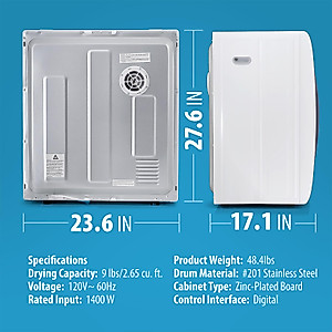 Deco Home 1400W Front Load Laundry Tumble Dryer Machine with Stainless Steel Tub, 4 Drying Programs, Automatic Humidity Sensor, LCD Touch Panel, Exhaust Pipe