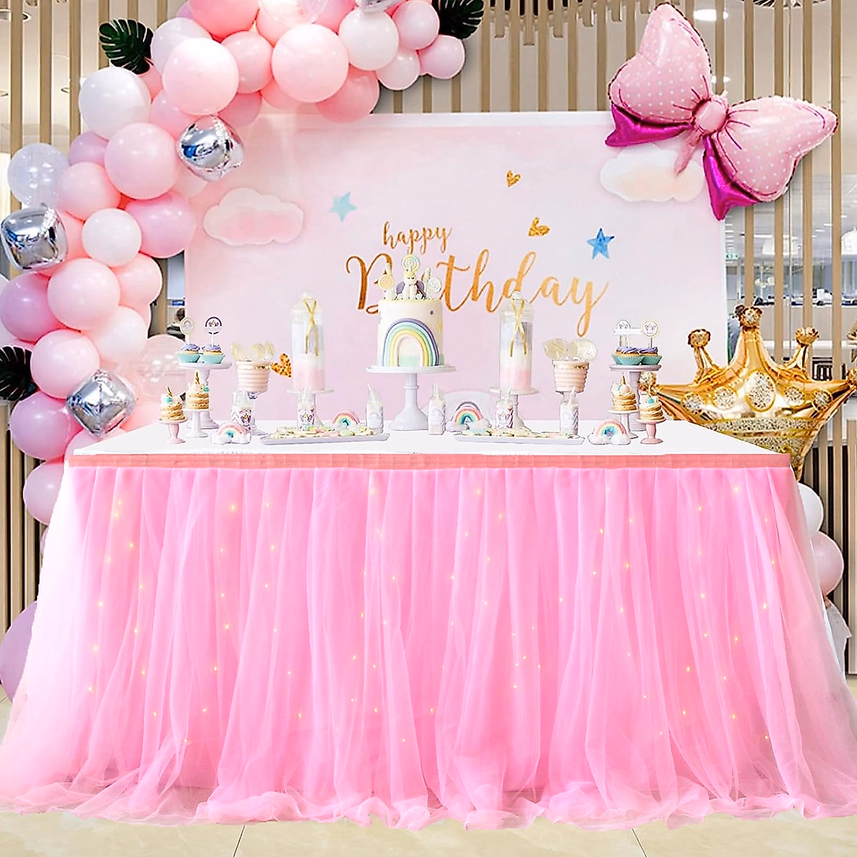 Albassa 6ft Pink Tulle Table Skirt for Rectangle or Round Tables with LED Lights Tutu Table Skirts Tablecloth for Princess Baby Shower Girl Birthday Party Cake Dessert Table Decorations