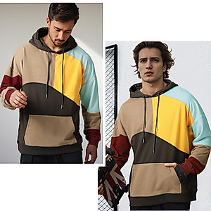 XIAOYAO Men's Fashion Hoodies Techwear Contrast Color Oversize Sweatshirts, Unisex Lightweight Patchwork Hip Hop Pullover Khaki