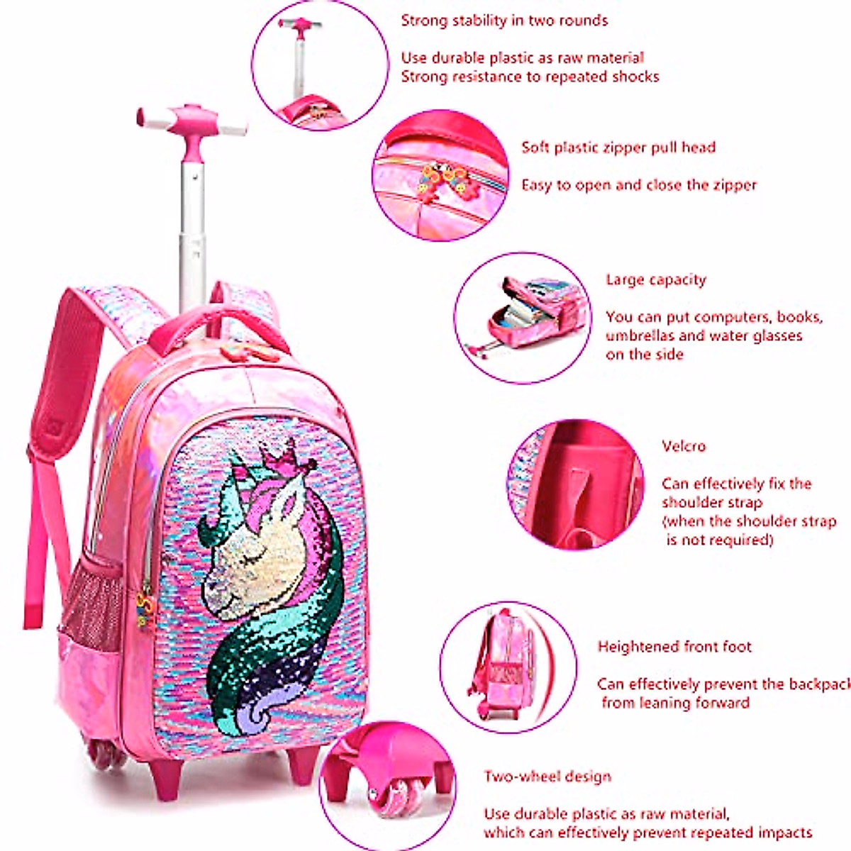 Egchescebo School Kids Rolling Backpack for Girls and Boys With Wheels Trolley Wheeled Backpacks for Girls Travel Bags 3PCS Girls and Boys Backpack With Lunch Box Rose Red