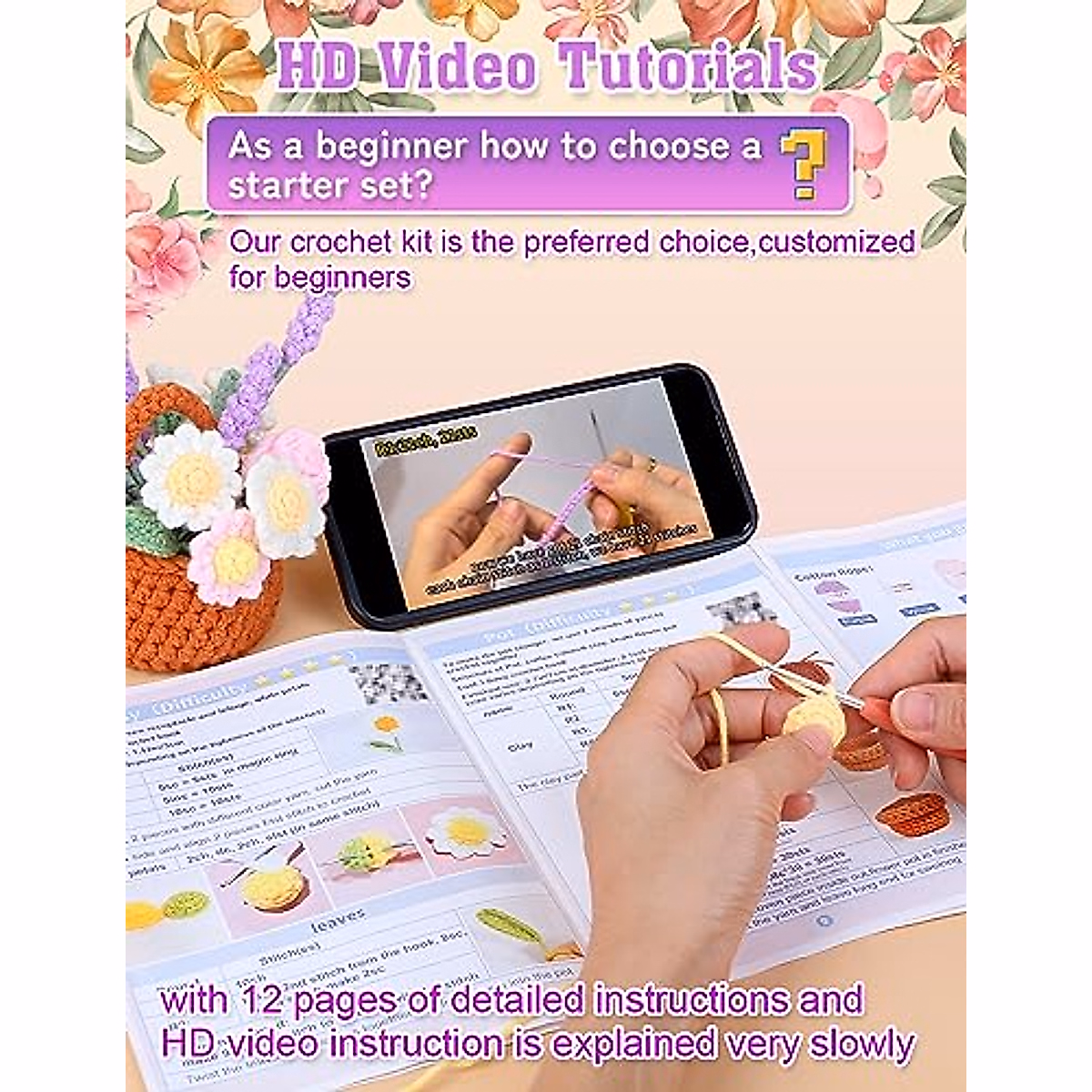 yazi Flower Crochet Kit for Beginners-5 Pack Hanging Potted Plants Crochet Starter Kit with Video, Learn to Crochet Rose Lavender Daisy Heart Cactus Pot for Adults,DIY Knitting Supplies