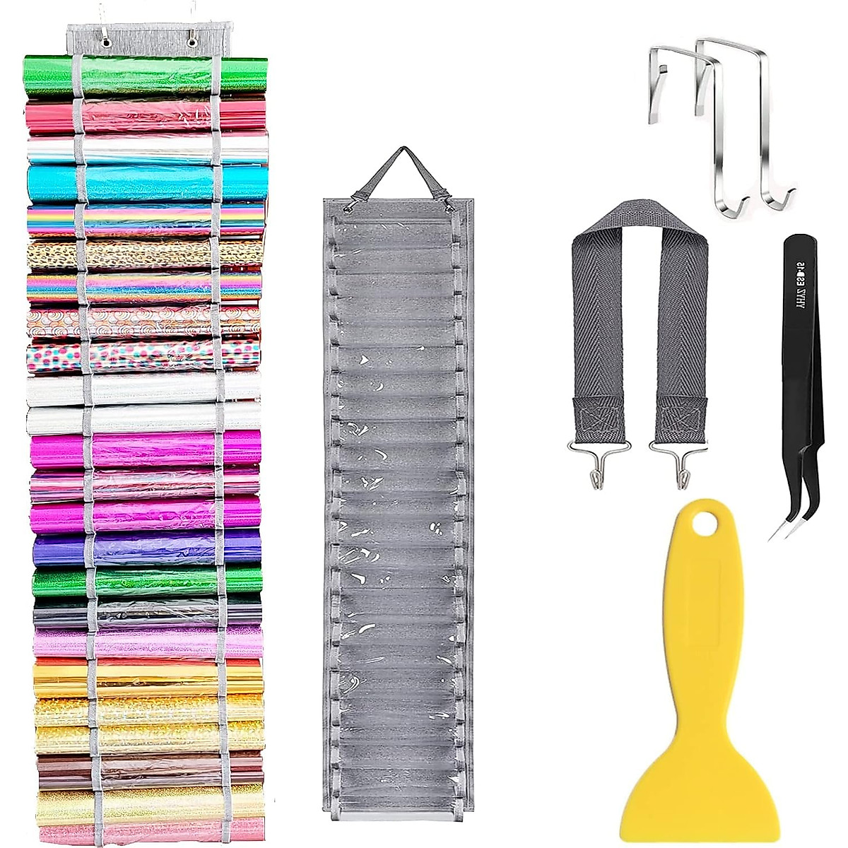 Amremsu 48 Compartments Vinyl Roll Storage, Vinyl Roll Holder Vinyl Organizer, Vinyl Storage Rack Wall Mount/Over The Door for Craft Room Organizers and Storage Lengthened（gray）