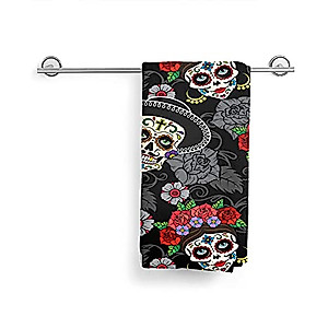 Perinsto Sugar Skulls Hand Towel Day of The Dead Decorative Fingertip Towels Multipurpose for Bathroom Kitchen Gym and Spa, 27.5" X 15.7"