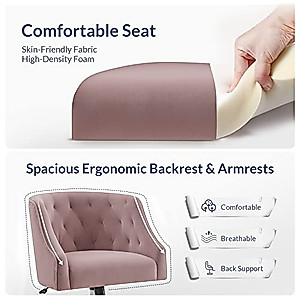 BELLEZE Modern Home Office Chair, Rolling Swivel Desk Chair, Upholstered Velvet Accent Chair, Stylish Comfy Vanity Chair, Adjustable Height - Braelynn (Pink)