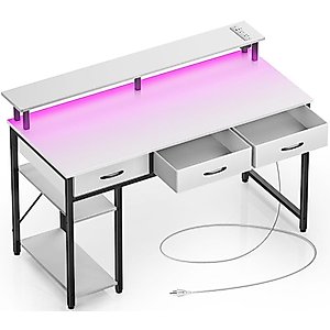 Rolanstar Computer Desk with Power Outlets & LED Light, 55 inch Home Office Desk with Drawers and Storage Shelves, Writing Desk with Monitor Stand, Modern Work Study Desk for Home Office, White