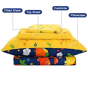 Wowelife Dinosaur Toddler Bedding Sets for Boys Blue Premium 4 Piece Dinosaur Toddler Comforter Set Bed-in-a-Bag, Super Soft and Comfortable with Comforter, Flat Sheet, Fitted Sheet and Pillowcase
