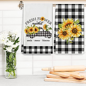 AnyDesign Sunflower Kitchen Towel Spring Summer Flower Dish Towel 18 x 28 Inch Buffalo Plaids Floral Hand Drying Tea Towel for Seasonal Cooking Baking Cleaning Wiping Supplies, Set of 4