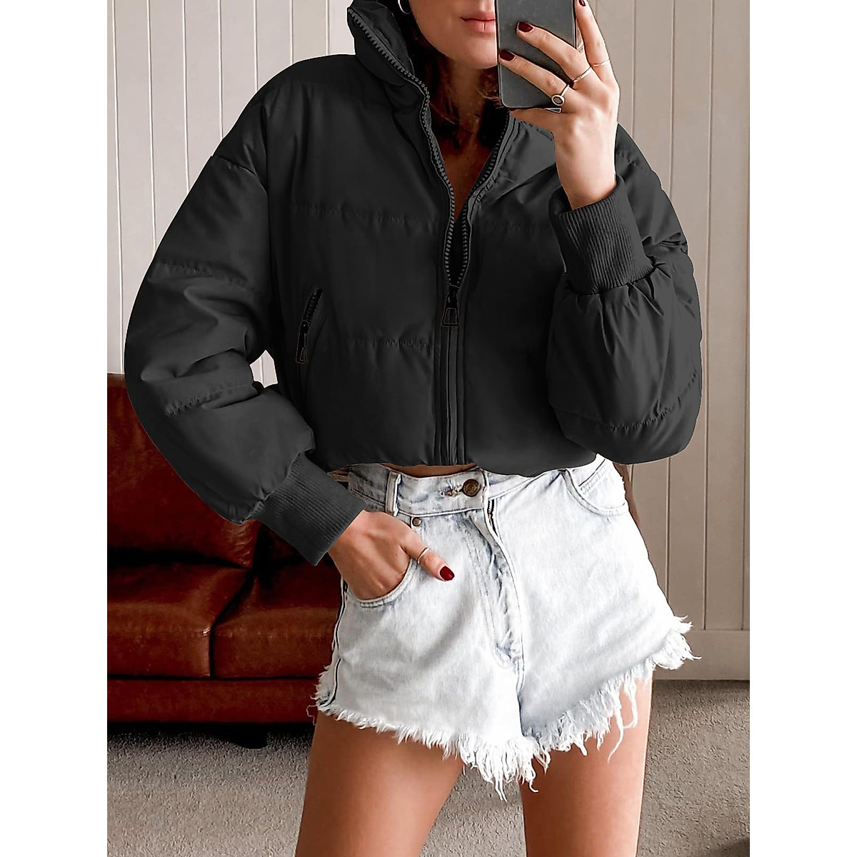 MEROKEETY Women's Winter Cropped Puffer Jacket Long Sleeve Oversized Stand Collar Zip-Up Short Coat