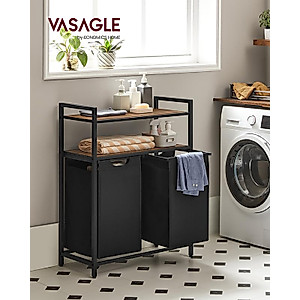 VASAGLE Laundry Hamper, Laundry Basket, Laundry Sorter with 2 Pull-Out and Removable Bags, 2 Shelves, 12.1 Gal (46L) Capacity per Bag, for Laundry Room, Rustic Brown and Black UBLH211B01