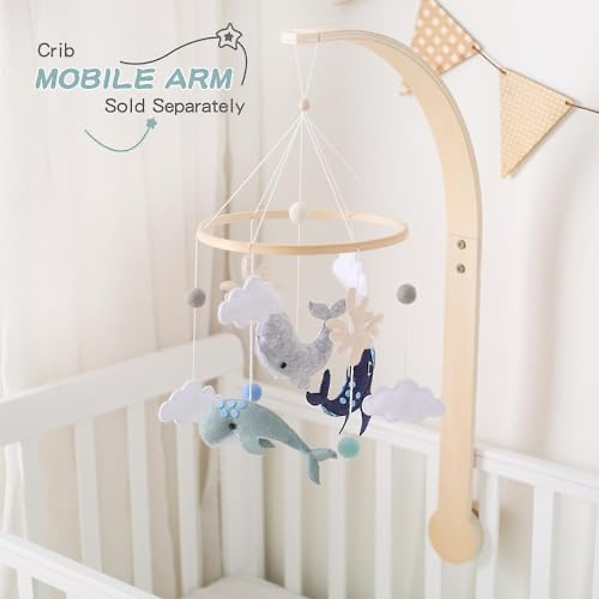Montessori Baby Mobile for Crib | Ocean Animals Crib Mobile | Woodland Nursery Decor Soothe Toys for Ceiling Hanging | Felt Ball Sea Blue Whale, White Clouds | Baby Shower for Boys Girls Gifts