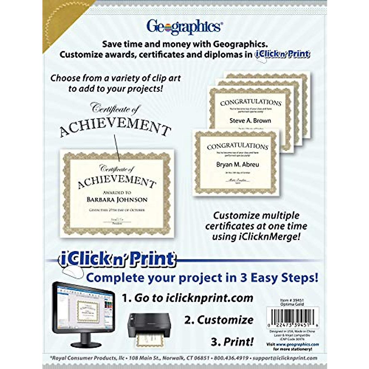 Geographics Optima Gold Blank Award Certificate Paper with Gold Foil Seals, 8.5 x 11", Seal 1.75" (Pack of 25)