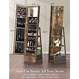 Nicetree 360° Swivel Jewelry Cabinet with Lights, Touch Screen Vanity Mirror, Rotatable Full Length Mirror with Jewelry Storage, Locking Jewelry Armoire Organizer, Foldable Makeup Shelf, Rustic Brown