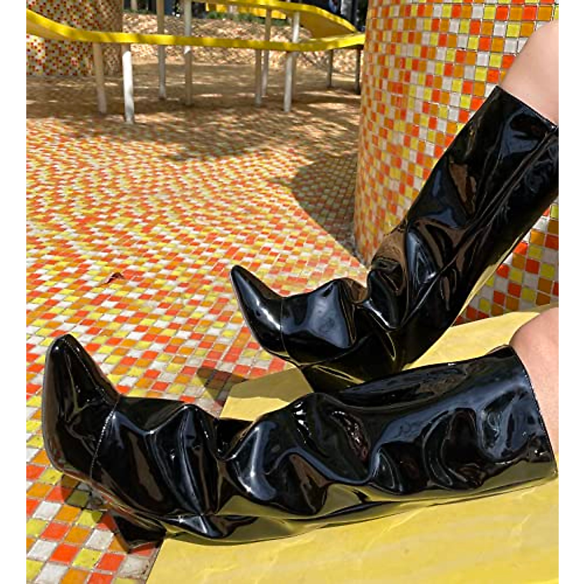 PINOKISS Black Size 11 Women's Knee High Square Toe Faux Patent Leather Pull On Wedge Heeled Boots