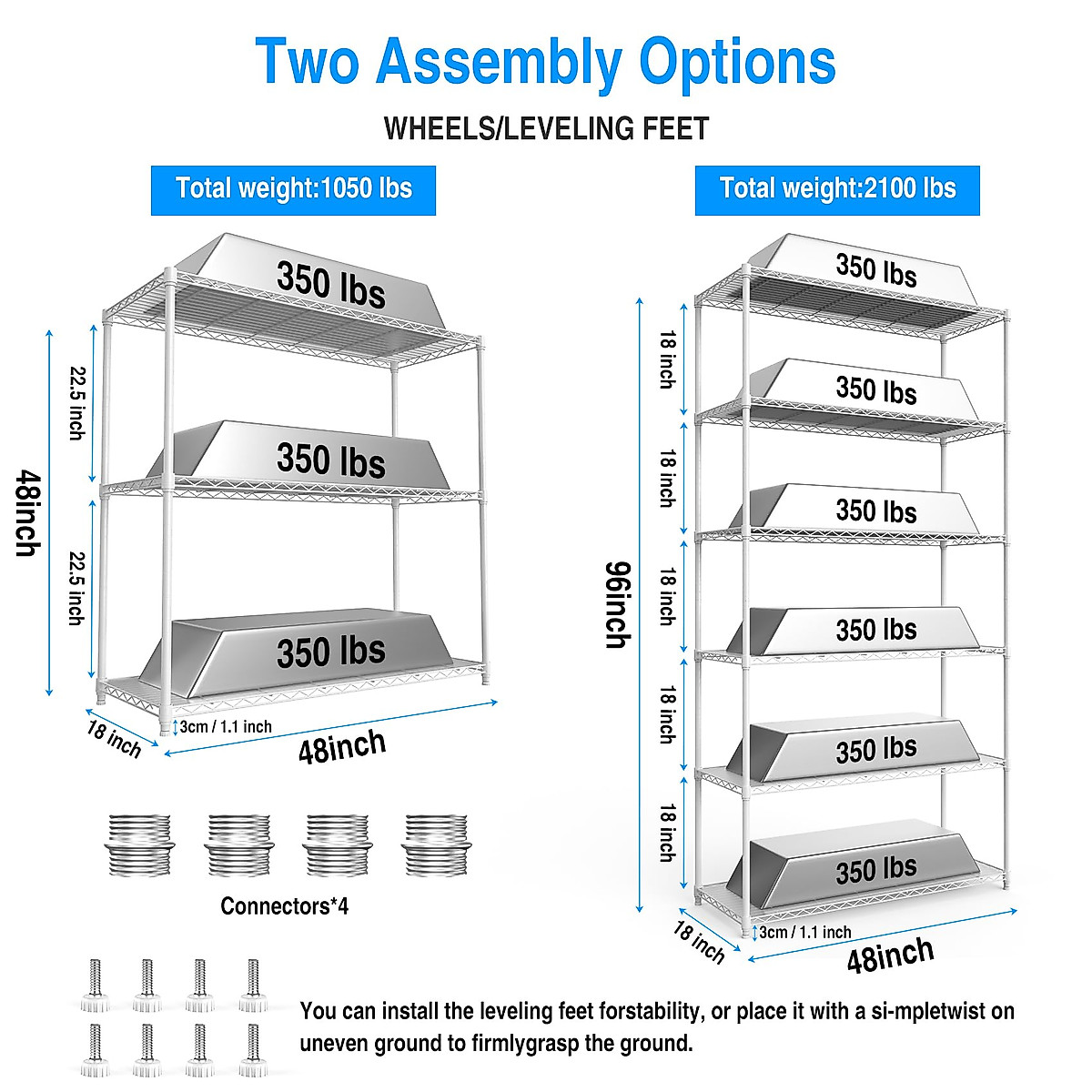 White 3 Tier NSF Metal Shelf Wire Shelving Unit - Set of 2, 1050lbs Capacity Heavy Duty Adjustable Storage Rack with Shelf Liners, Extensible to 6 Tier 2100lbs Shelving Designs, 48" H x 48" L x 18" D
