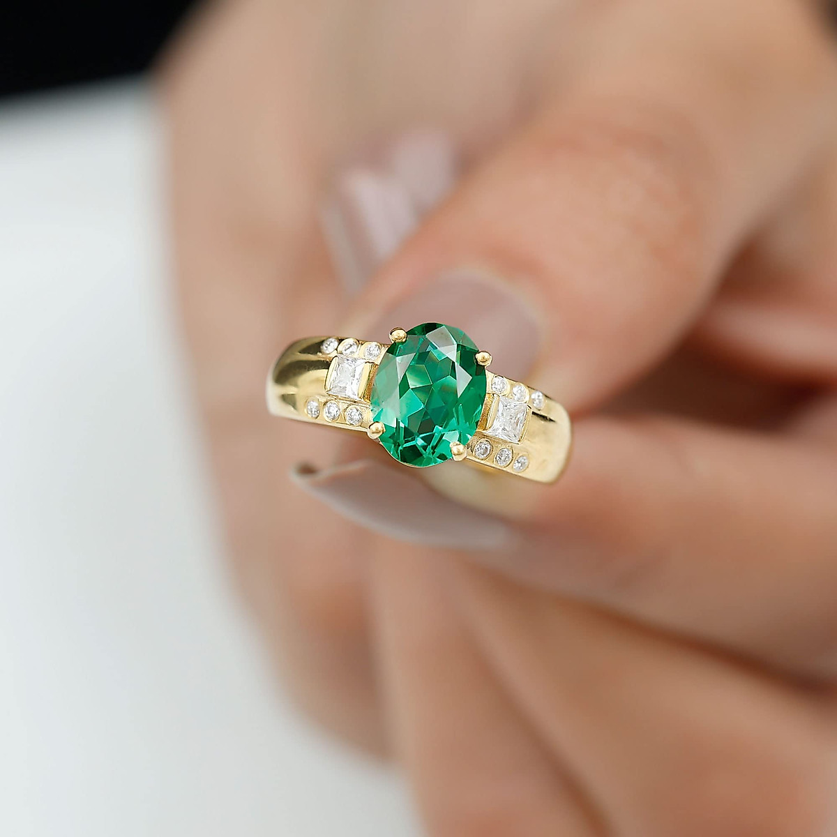 Rosec Jewels Certified Created Emerald Solitaire Engagement Ring| 7X9 MM Oval| AAAA Quality, 14K Yellow Gold, Size:US 6.00