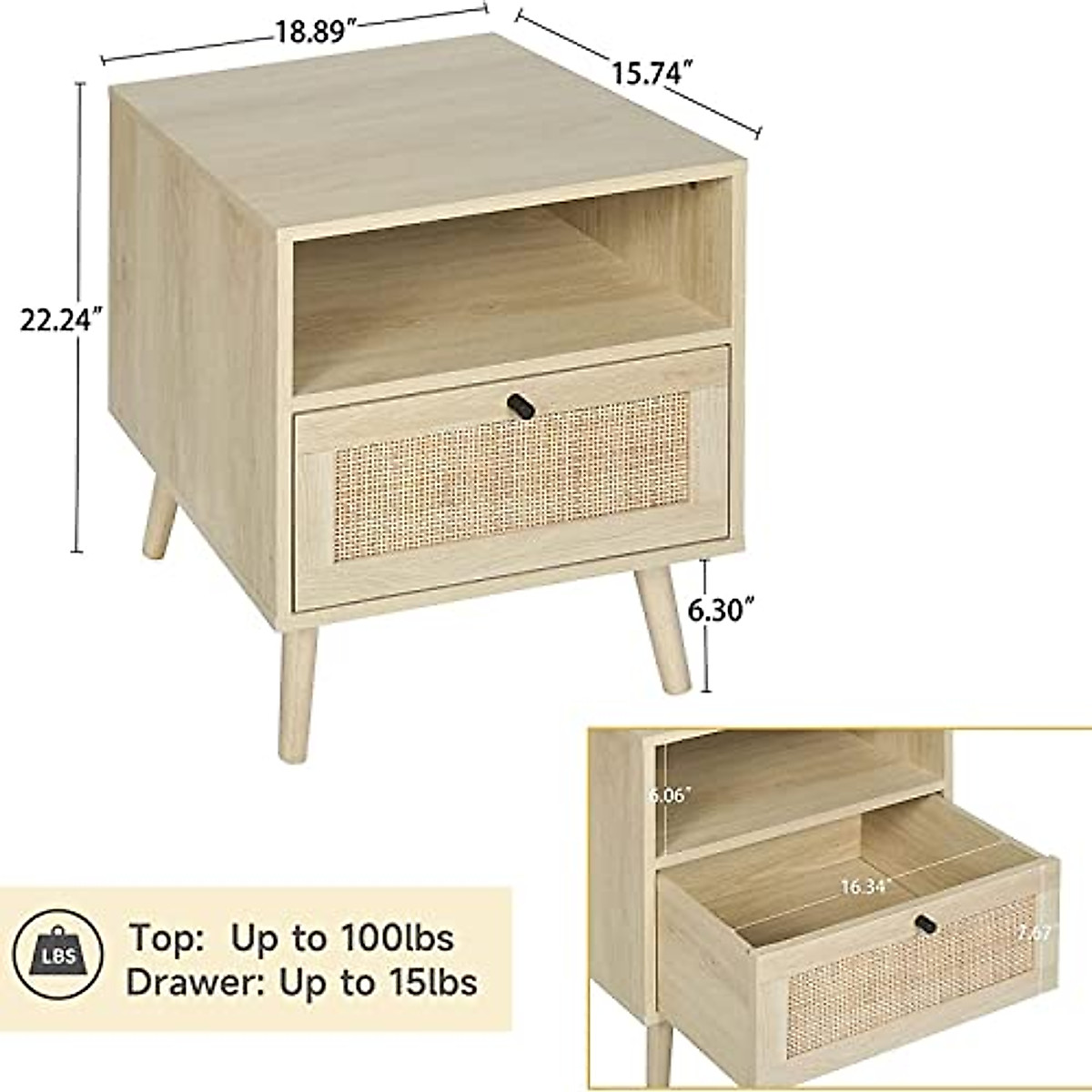 Rattan Nightstand with Drawer and Open Storage Shelves, Wood Finish End Table, Accent Side Table for Living Room, Bedroom