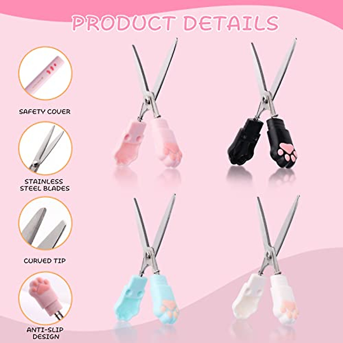 4 Pieces Cute Mini Scissors, Cartoon Cat Paw Stainless Steel Craft Scissors, Folding Stationery Scissors with Safety Cover, Portable Safety Scissors for Paper Cutting, Scrapbooking, Crafting