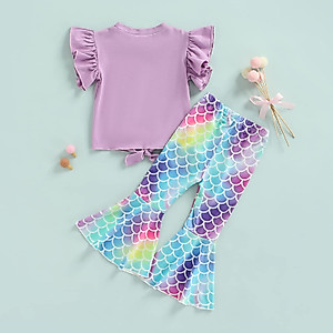 Toddler Kid Baby Girls Outfits Fly Sleeve Shell Crop Tops T-Shirt Mermaid Flared Pants Summer Birthday Clothes 1-6T (Purple, 3-4T)