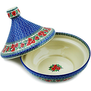 Authentic Polish Pottery Tagine Pot in Red Pansy Design Handmade in Bolesławiec Poland by Ceramika Artystyczna + Certificate of Authenticity