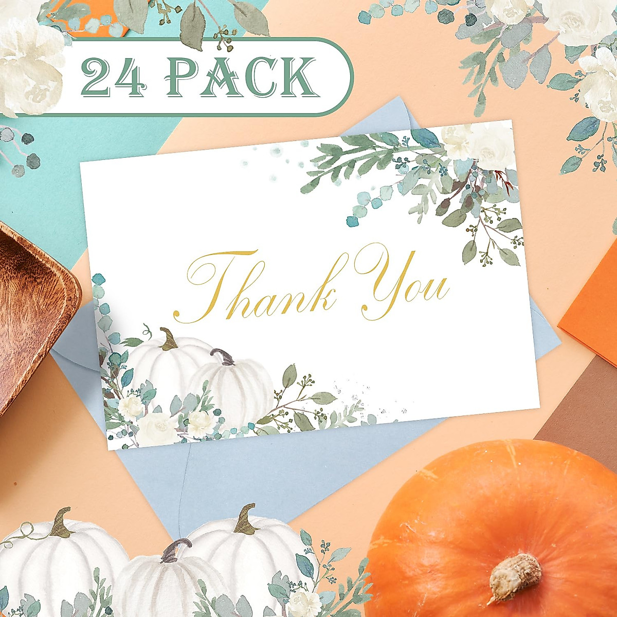 Quera 24 Pack Pumpkin Thank You Cards Fall Greeting Cards Autumn Floral Blank Note Cards With Envelopes Stickers For Baby Shower Wedding Birthday Party- 4x6 Inch