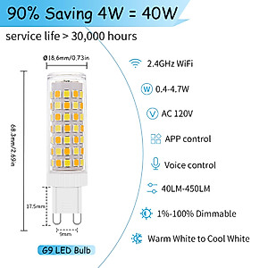 2Pack Dimmable Wi-Fi Smart LED Bulbs with G9 Base,Compatible with Amazon Alexa and Google Assistant-Warm to Cool White(2700K-6000K),Adjustable Brightness From 1%-100% (120V,0.4-4.7W,40LM-450LM）