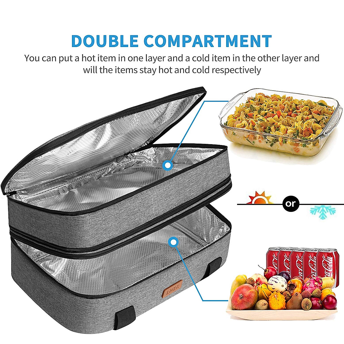 LHZK Insulated Casserole Carrier - Expandable Holder Tote for Hot or Cold Food, Fits 11 x 15 or 9 x 13 Baking Dishes - For Potlucks, Picnics, Beach (Grey)