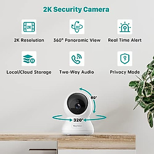 Indoor Security Camera 2K, Septekon 360° Pan Tilt Baby Monitor Pet Camera, 2.4GHz Wi-Fi Camera with Night Vision, Motion Detection, 2-Way Audio Siren, Cloud/SD Card, Compatible with Alexa,White