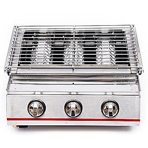 3 Burner Gas Tabletop Griddle, Commercial Gas BBQ Grill 2800Pa Stainless Steel Gas Grill for Outdoor Camping Party Tailgating (3-Burner)