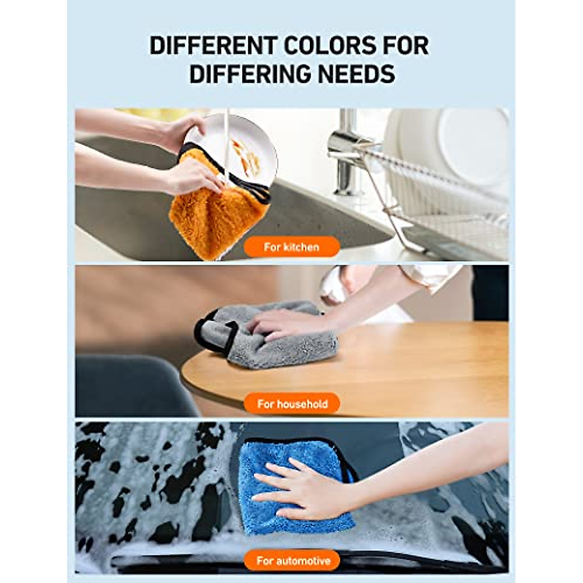 AstroAI Microfiber Towels for Cars, 6-Pack Absorbent and Reusable Microfiber Cleaning Cloth for Car/Domestic Cleaning, Yellow, Blue, Gray, 16" x 16"