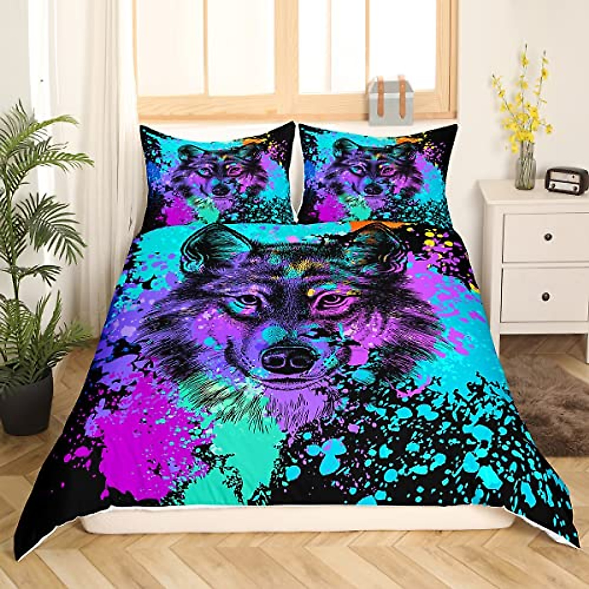Erosebridal Wolf Bedding Set Full Size Tie Dye Duvet Cover Safari Animals Print Comforter Cover for Kids Boys Juvenile Splash Graffiti Hip Hop Bedspreads Cover with 2 Pillow Cases Colorful Teal Black