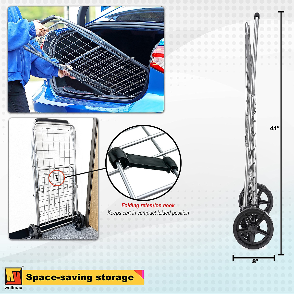 Wellmax WM99024S Grocery Utility Shopping Cart, Easily Collapsible and Portable to Save Space and Heavy Duty, Light Weight Trolley with Rolling Swivel Wheels