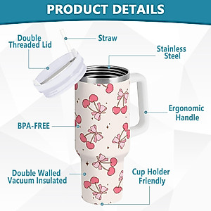 Slewiaeky Bow Coquette Heart 40 oz Tumbler with Handle Straw and Lid Cherry Stainless Steel Vacuum Insulated Reusable Water Bottle Glasses Travel Mug Thermal Cup for Home Office Car