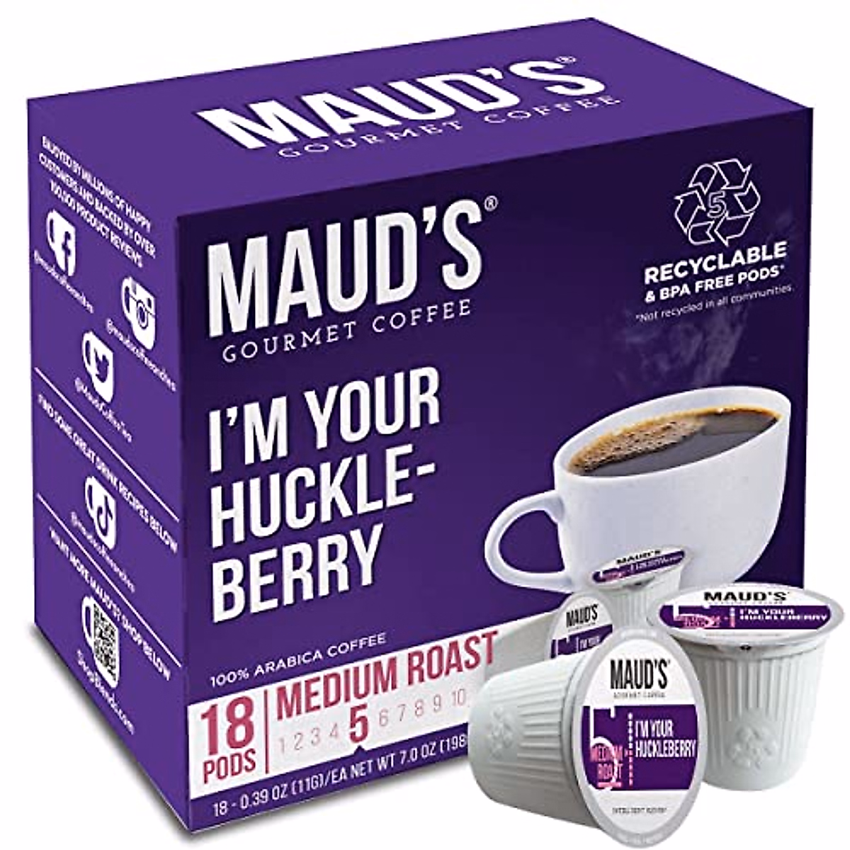 Maud's Huckleberry Coffee (I'm Your Huckleberry), 18ct. Solar Energy Produced Recyclable Single Serve Huckleberry Holiday Flavored Coffee Pods – 100% Arabica Coffee California Roasted, KCup Compatible