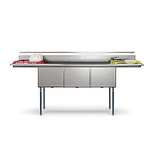 KoolMore 90 in. Three Compartment 18-Gauge Stainless-Steel Commercial Kitchen Sink, Bowl Size 18x18x14, with Three Basins and Pre-Drilled Faucet Holes and Two Drainboards (KM-SC181814-18B3)