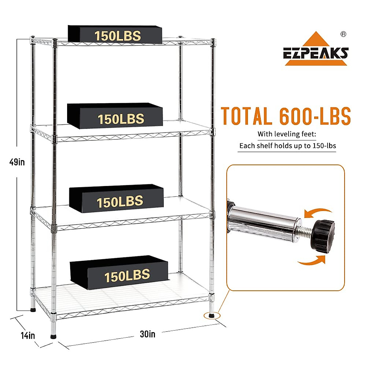 EZPEAKS Chrome 4-Shelf Shelving Unit with Shelf Liners Set of 4, Adjustable, NSF Certified Metal Wire Shelves, 150lbs Loading Capacity Per Shelf, Shelving Rack for Kitchen and Garage (30W x 14D x 47H)