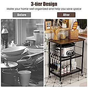 Giantex Microwave Cart 3-Tier W/Storage Shelf and Rolling Casters, Industrial Style Metal Frame for Kitchen, Living Room Accent Furniture for Living Room Rolling Serving Cart (Net-Brown)