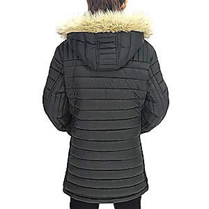 Facitisu Women's Quilted Jacket Winter Puffer Mid Length Coat Fur Trim Removable Zip-Off fHood (Black, 1XL)