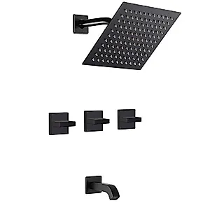 Matte Black 3 Handle Shower Faucet Set with Tub Spout, Tub and Shower Trim Kit with Rough-in Valve, Bathroom Rain Shower System Wall Mounted Rainfall Bathtub Shower Faucets