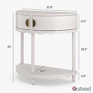 Scalloped Skirt Half Moon Console Table - Small Entry Table with Storage for Narrow Spaces - Modern Home Decor - Living Room Furniture - Solid Wood Entryway Table with Two Doors (Whitewash Oak)