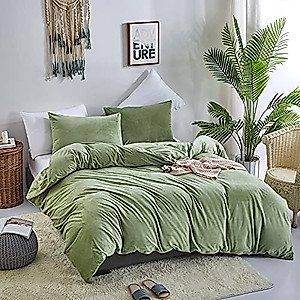 Luxlovery Sage Green Flannel Duvet Cover Set Queen Velvet Fluffy Bedding Cover Sets Light Green Soft Warm Comfy 3 Piece Bedding Cover Set with 2 Pillowcases