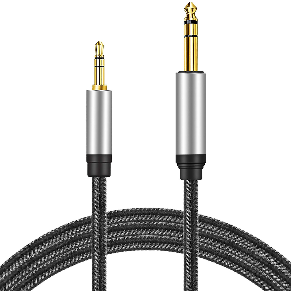 3.5 mm to 6.35 mm Audio Cable 15Ft, Gold-Plated Terminal Silver Color Zinc Alloy Housing 3.5mm 1/8" Male TRS to 6.35mm 1/4" Male TRS Nylon Braided Stereo Audio Cable for Cellphone, Amplifiers(15Ft/5M)