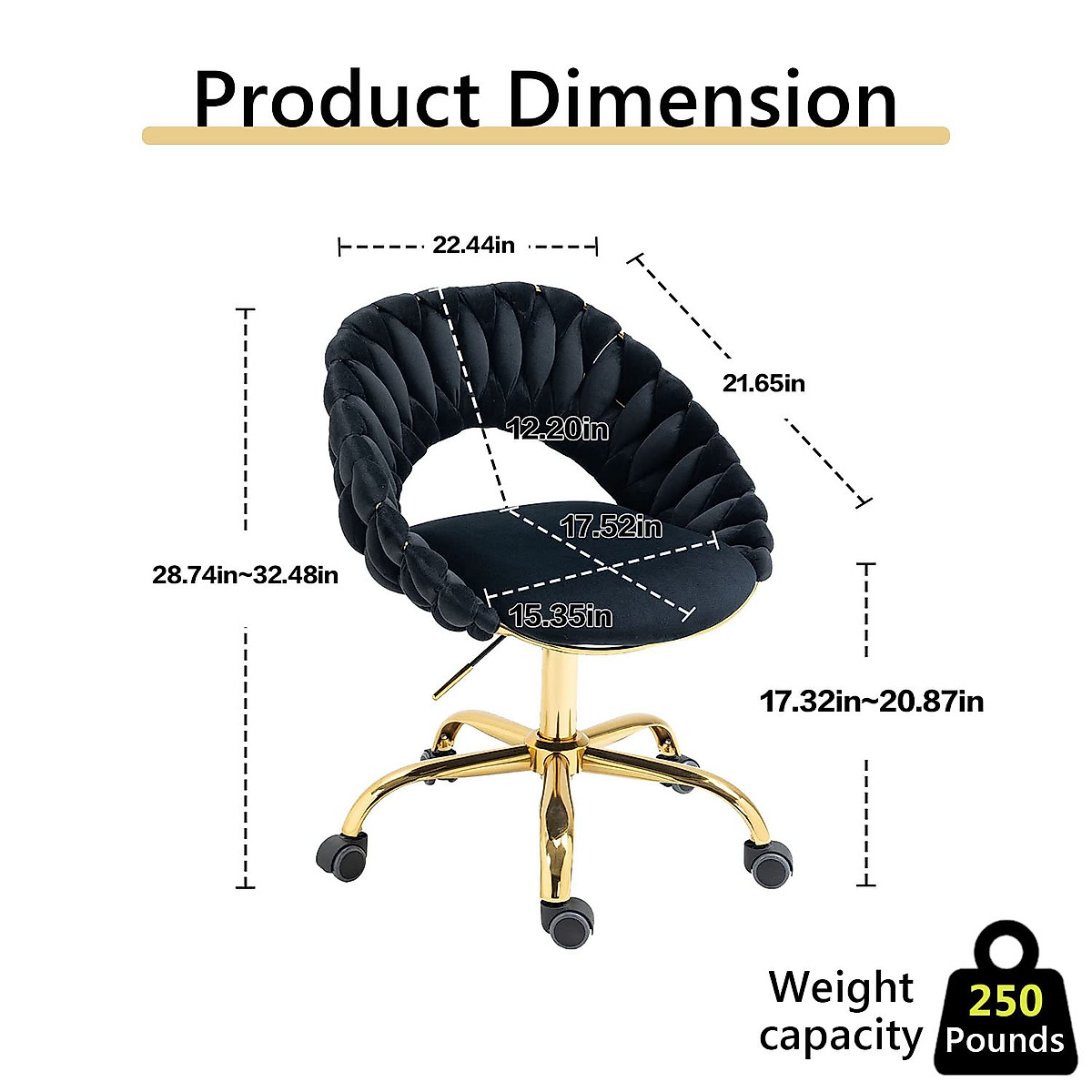 Modern Velvet Office Desk Chair, Upholstered Makeup Vanity Chair with Woven Tufted Back and Gold Base, Swivel Task Chair with Wheels Women Girls Cute Desk Chair for Vanity Room Bedroom Study Black